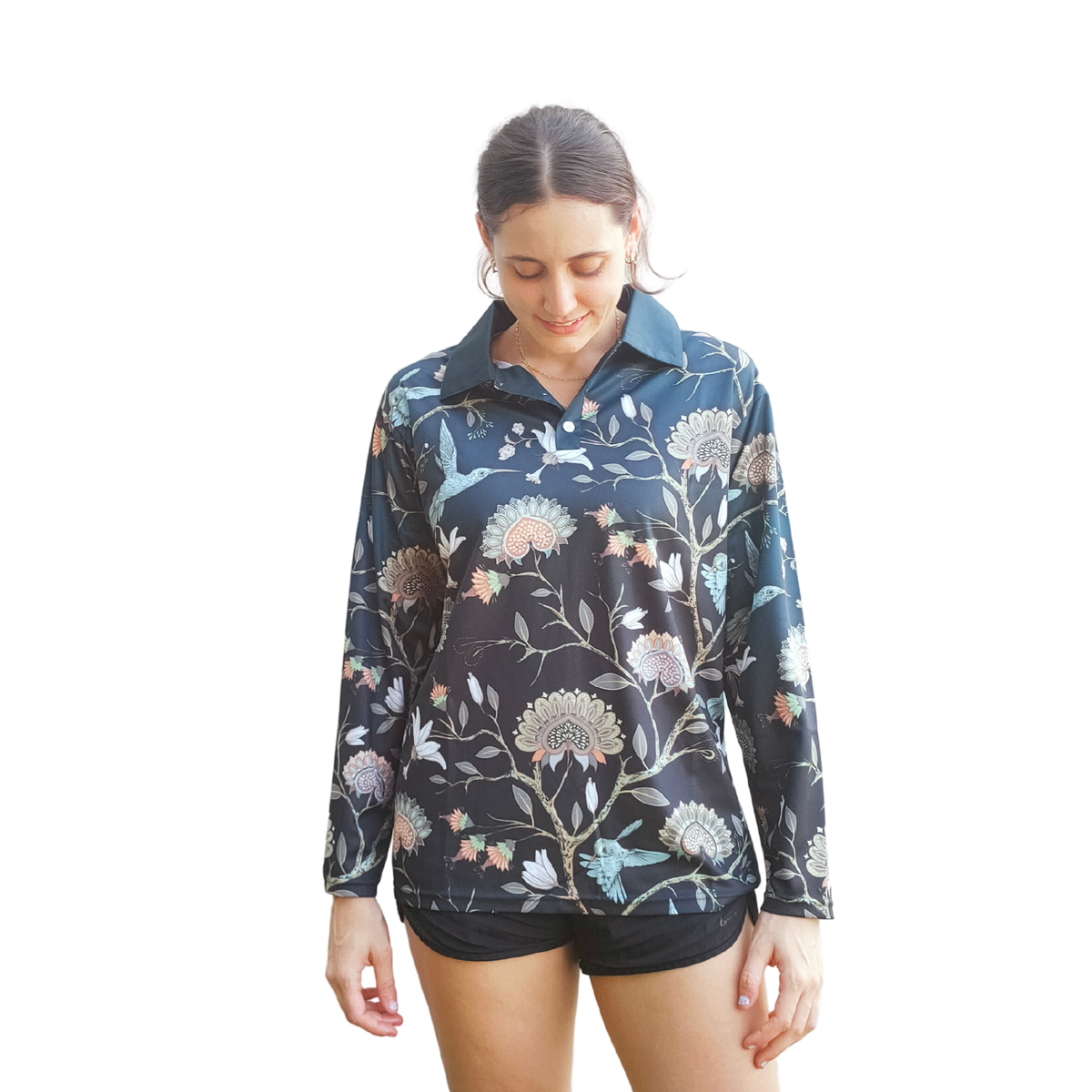 Hummingbird Floral - Black – Fishing Shirt by LJMDesign